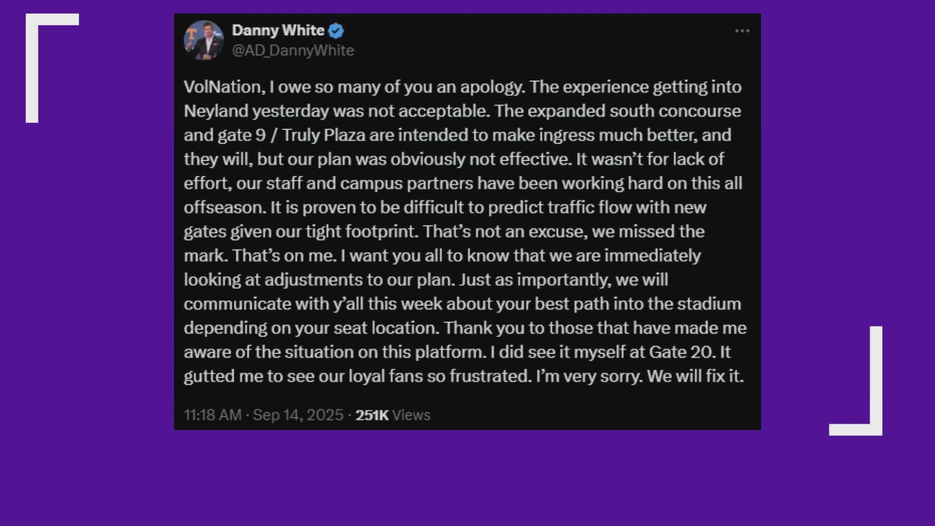 Danny White apologizes for Neyland Stadium entry issues | wbir.com