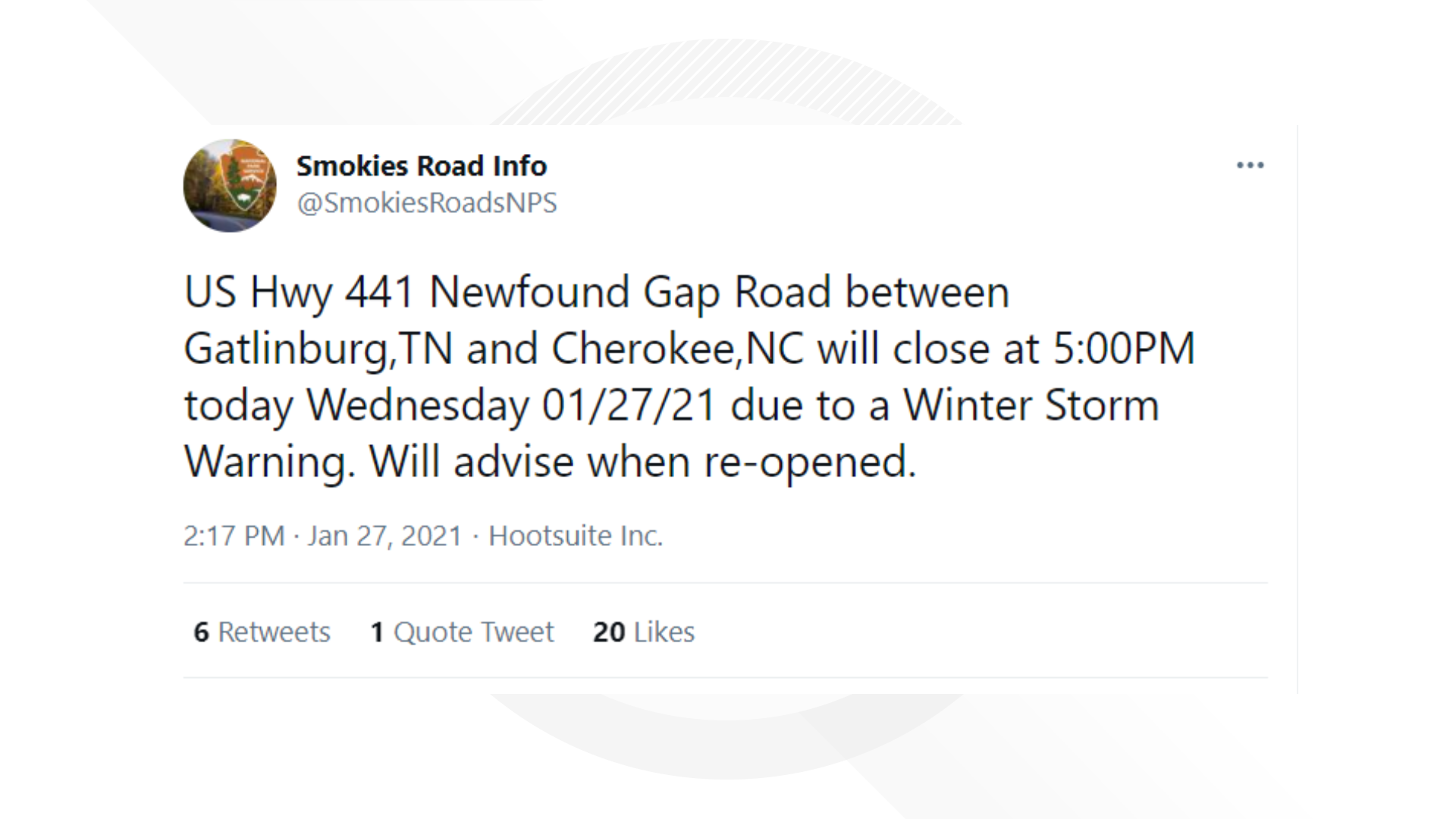 Newfound Gap Road closed due to winter storm warning | wbir.com