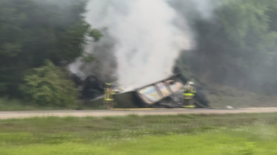 Tractor-trailer flips and burns on I-81 in Greene County, TN | wbir.com
