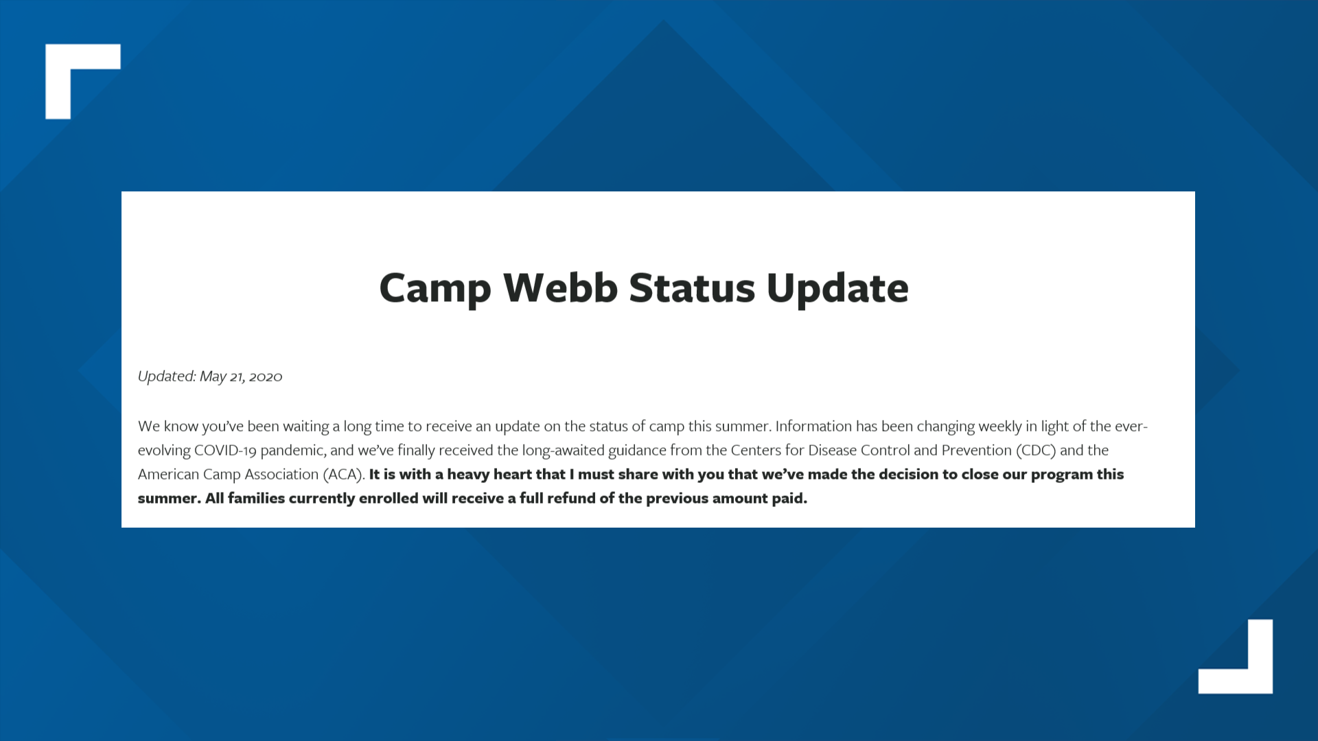Camp Webb closes summer program for 2020 | wbir.com