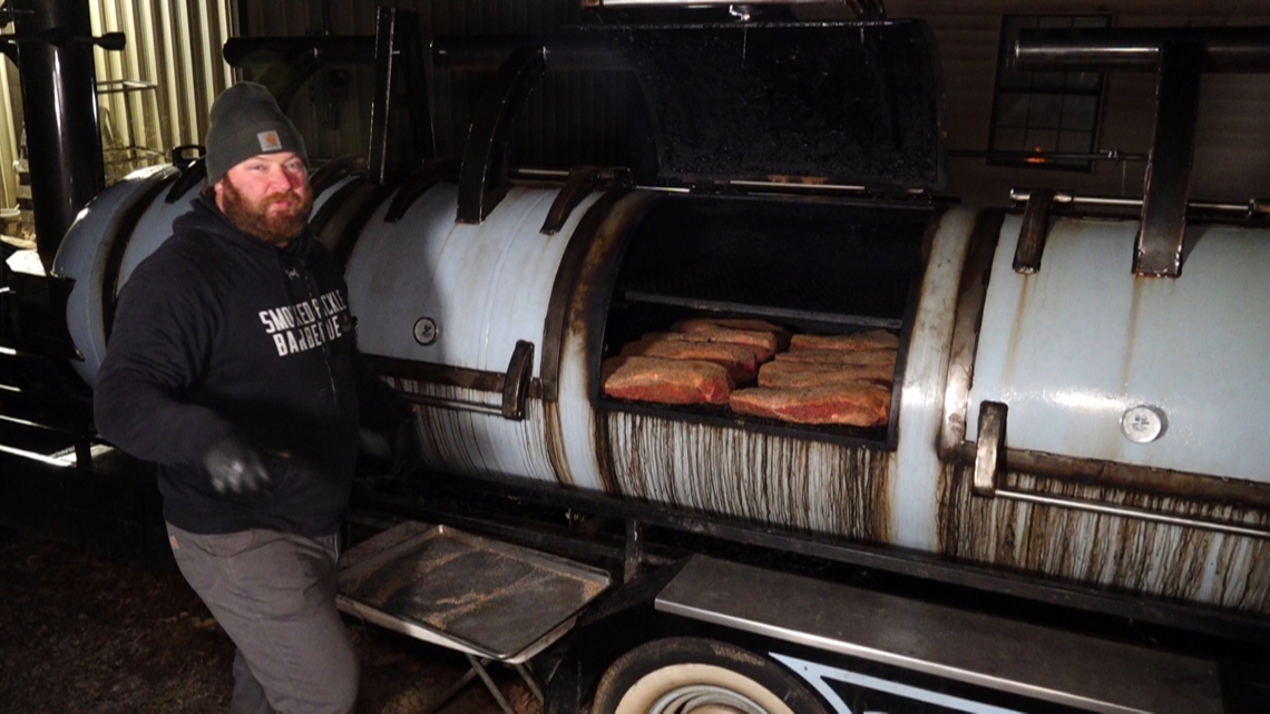 Local barbecue smoker tends the fire overnight to fire up brisket ...