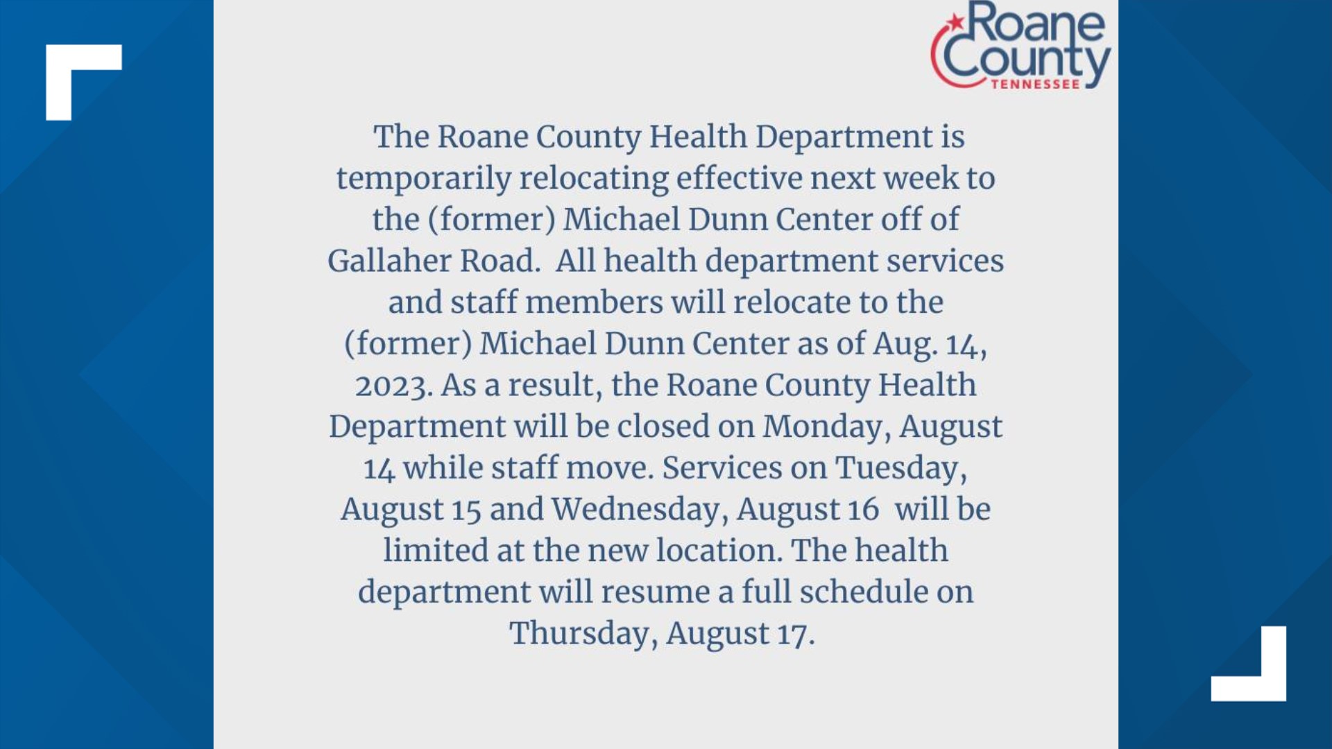 Roane Co. Health Dept. to temporarily relocate starting Aug. 14 | wbir.com