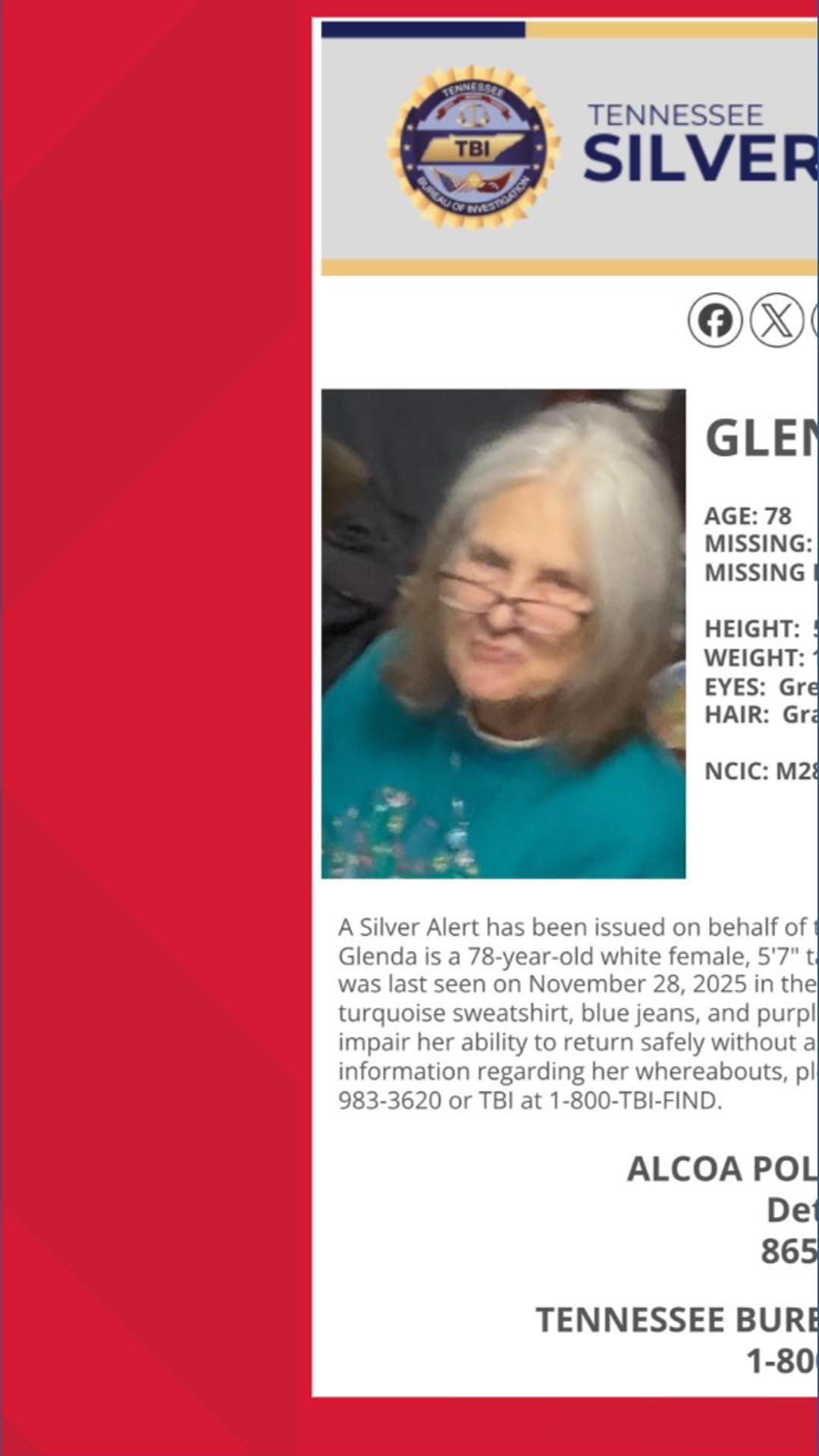 Update: TBI cancels Silver Alert after 78-year-old Glenda Drinka found ...