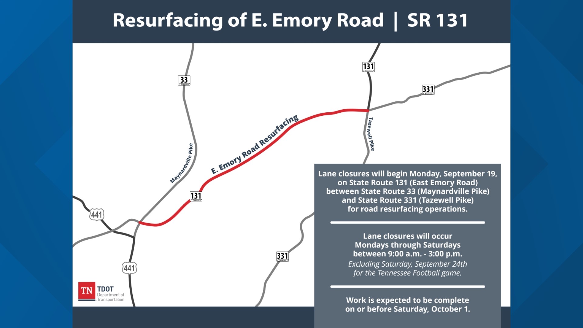 TDOT: Lane closures scheduled for E. Emory Road | wbir.com