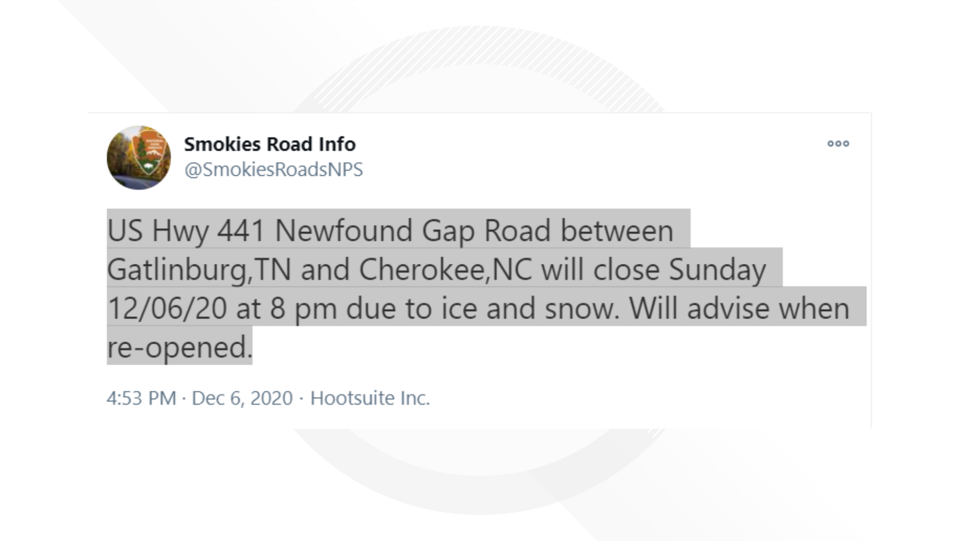 GSMNP closing Newfound Gap Road at 8 p.m. Sunday due to snow, ice ...